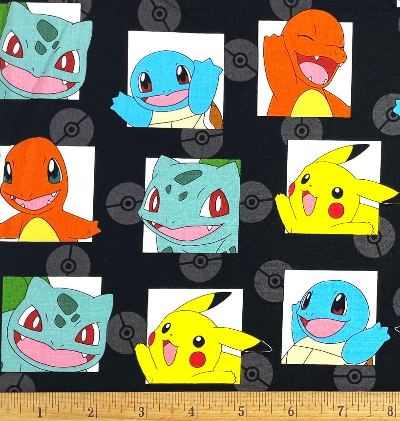 1/2 Yard - Pokemon Pikachu Squirtle & More on Black Cotton Fabric ...