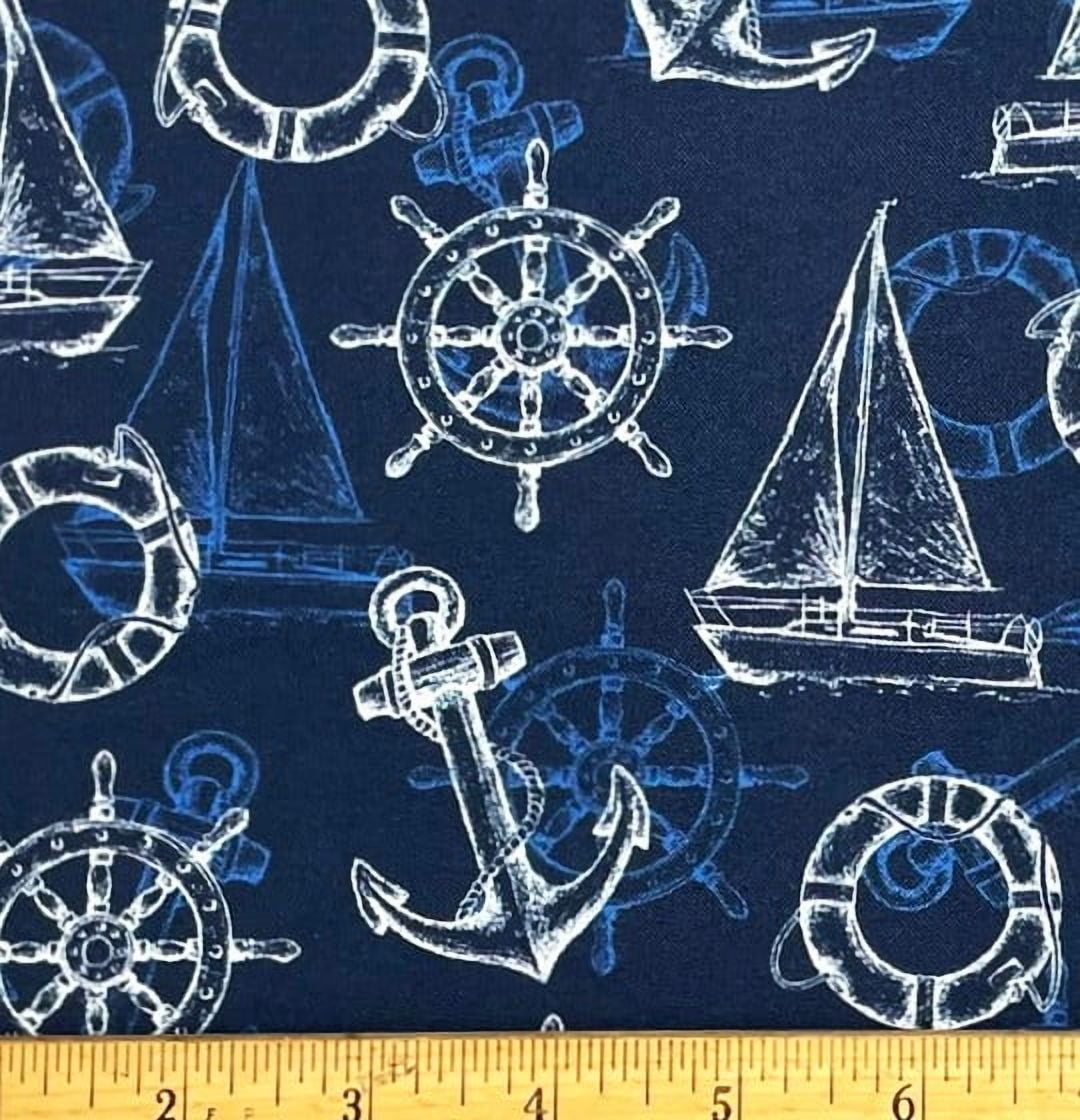 1/2 Yard - Sailboats Boats & Anchors Nautical on Navy Blue Cotton ...