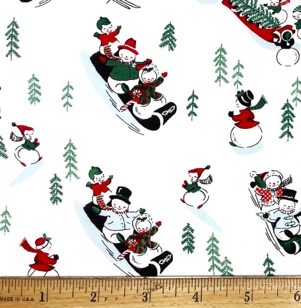 1/2 Yard - Snowman Family Sledding on Snow White Cotton Fabric (Great ...