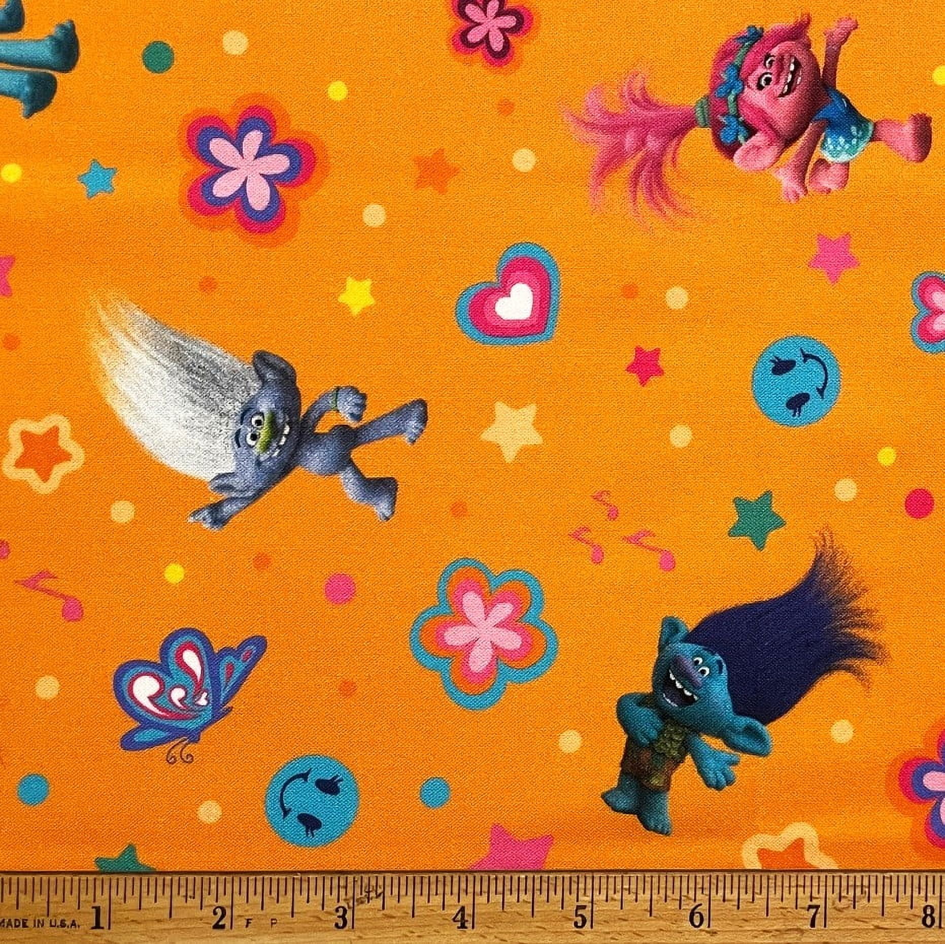 1/2 Yard - Trolls & Retro Flowers on Orange Cotton Fabric - Poppy ...