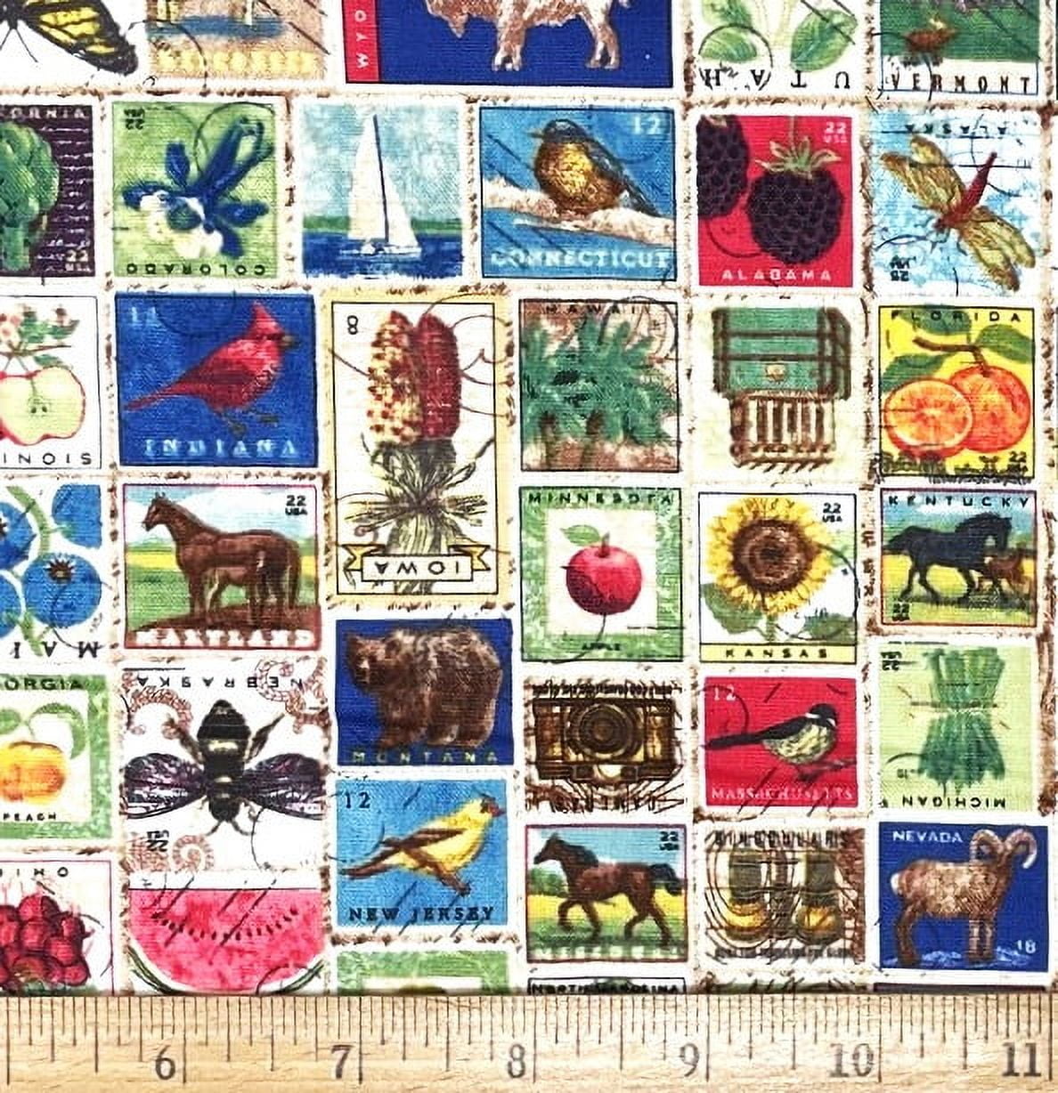 1/2 Yard - Vintage Postage Stamps US States Cotton Fabric (Great for ...