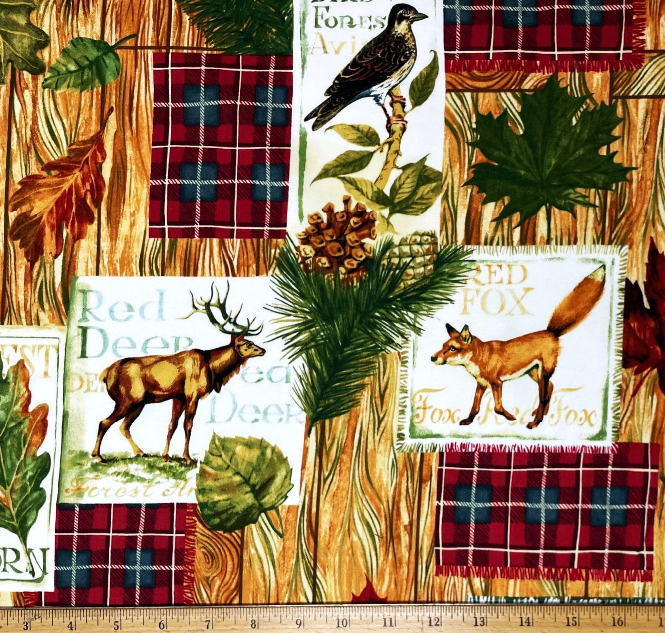 1/2 Yard - Wild Animals Fall Cabin Elk Owl Fox Bird Cotton Fabric ...