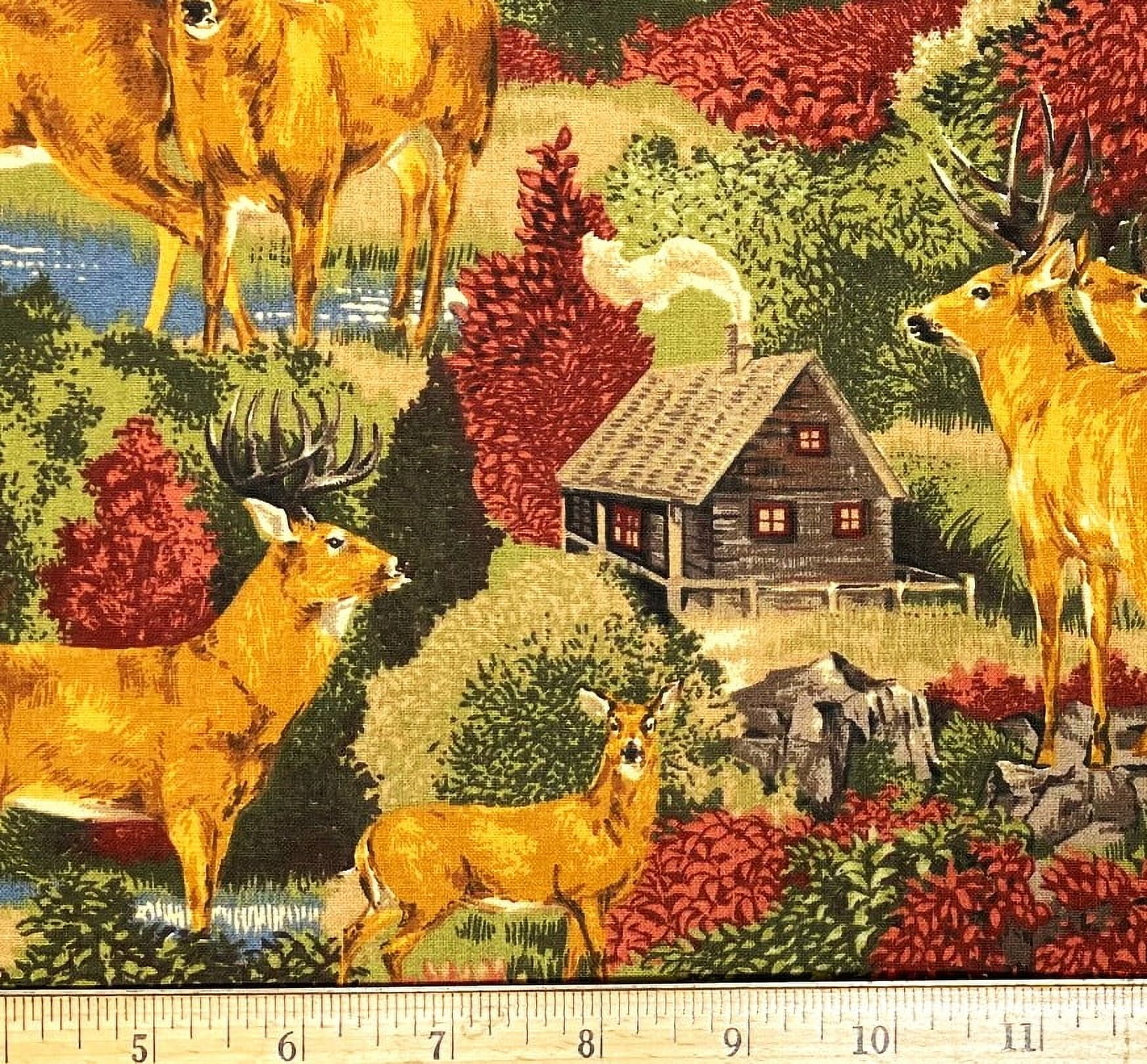 1/2 Yard - Wild Deer & Cabin Scenic Cotton Fabric (Great for Quilting, Sewing, Craft Projects ...