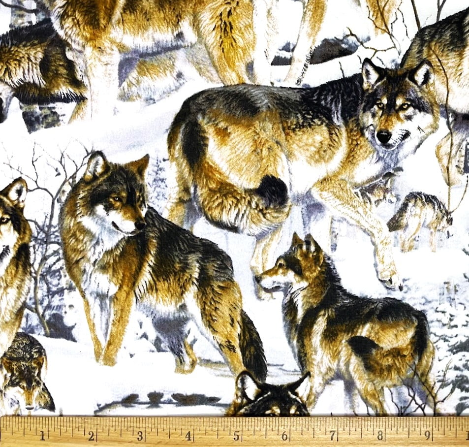 1/2 Yard - Wild Wolves on Snowy Scene Cotton Fabric (Great for Quilting ...