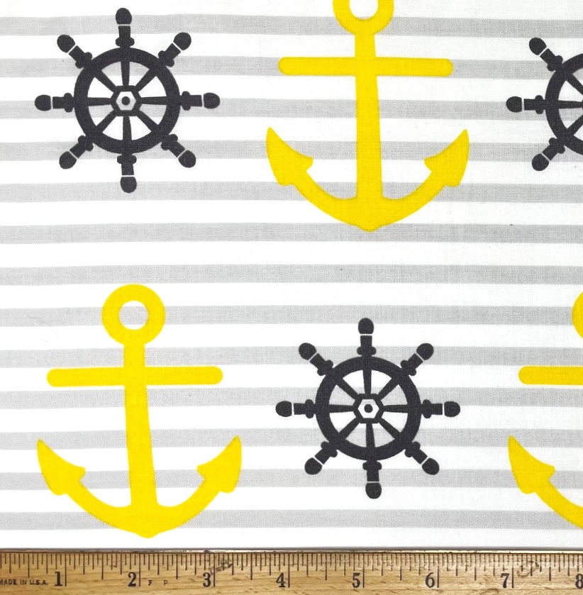 1/2 Yard - Yellow Anchors & Black Ship Wheels Nautical Stripe Cotton ...