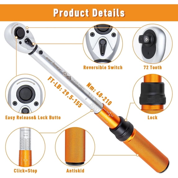 1/2-inch Drive Click Torque Wrench Dual-Range 29.5-155 LB.IN/40-210 N.M for MTB, E-Bike and Moto ...