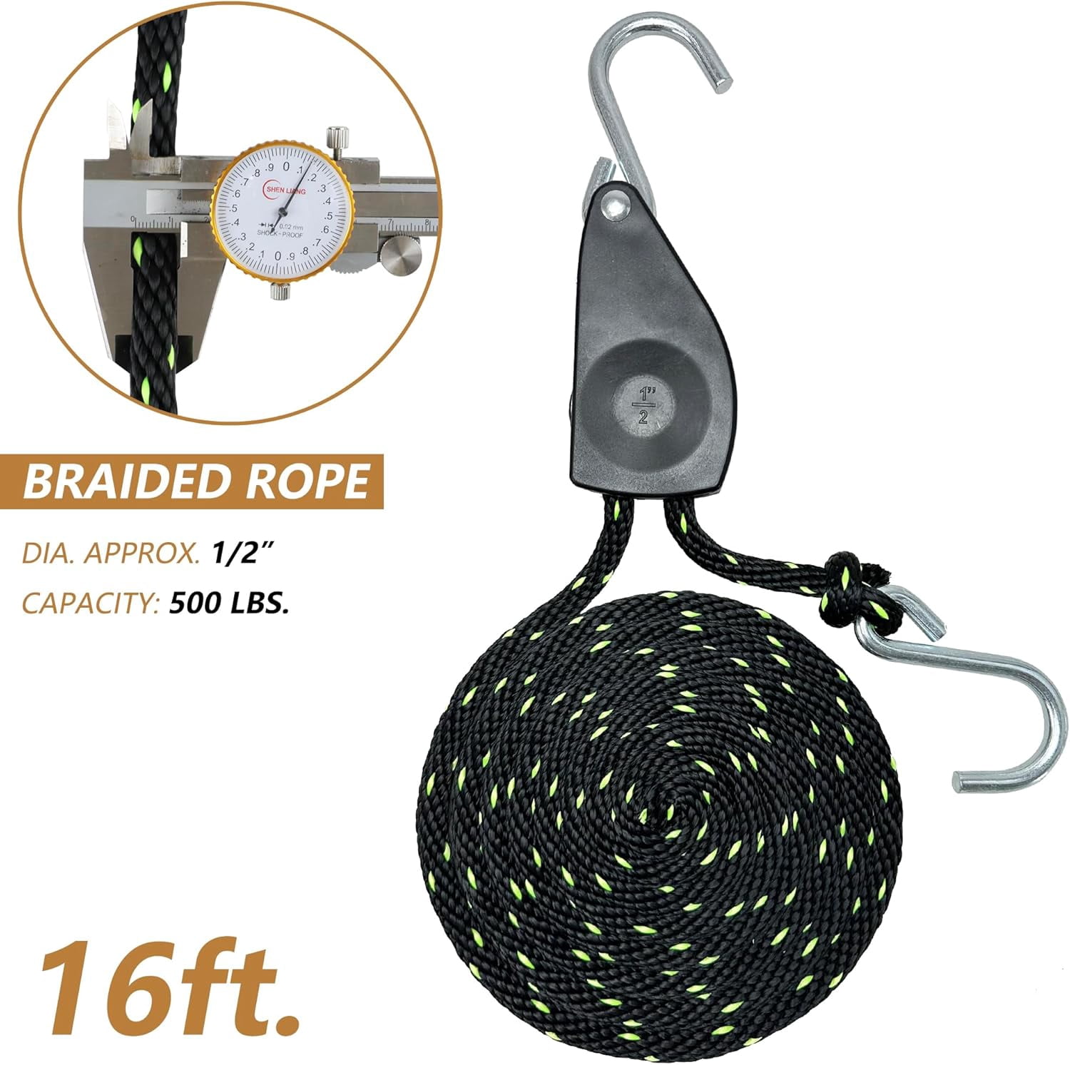 1/2” x 16ft. Tie Down Rope, Heavy-Duty Braided Locking Ratchet Pulley ...