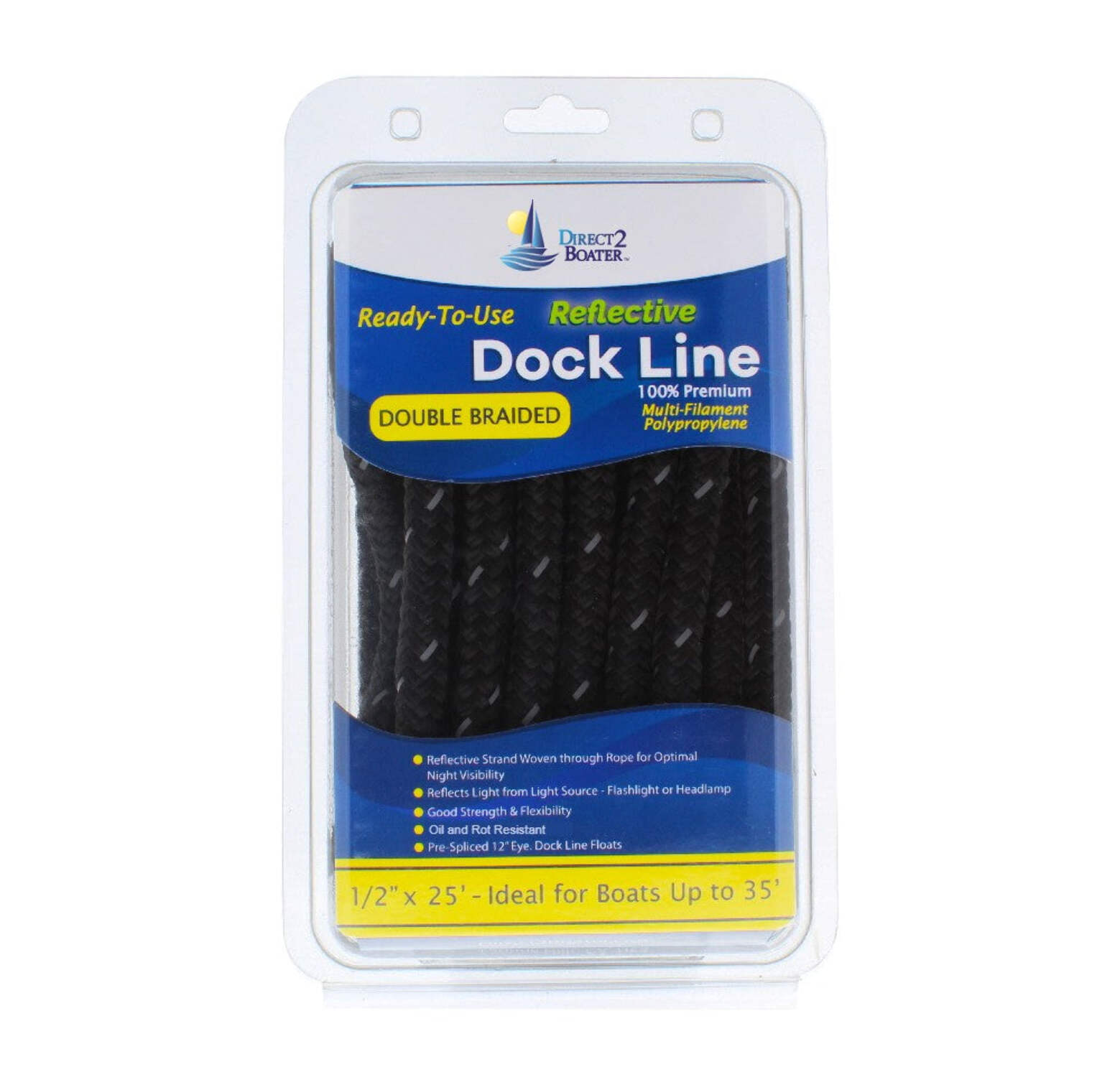 1/2" x 25' Black REFLECTIVE Double Braided Poly Dock Line - For Boats ...