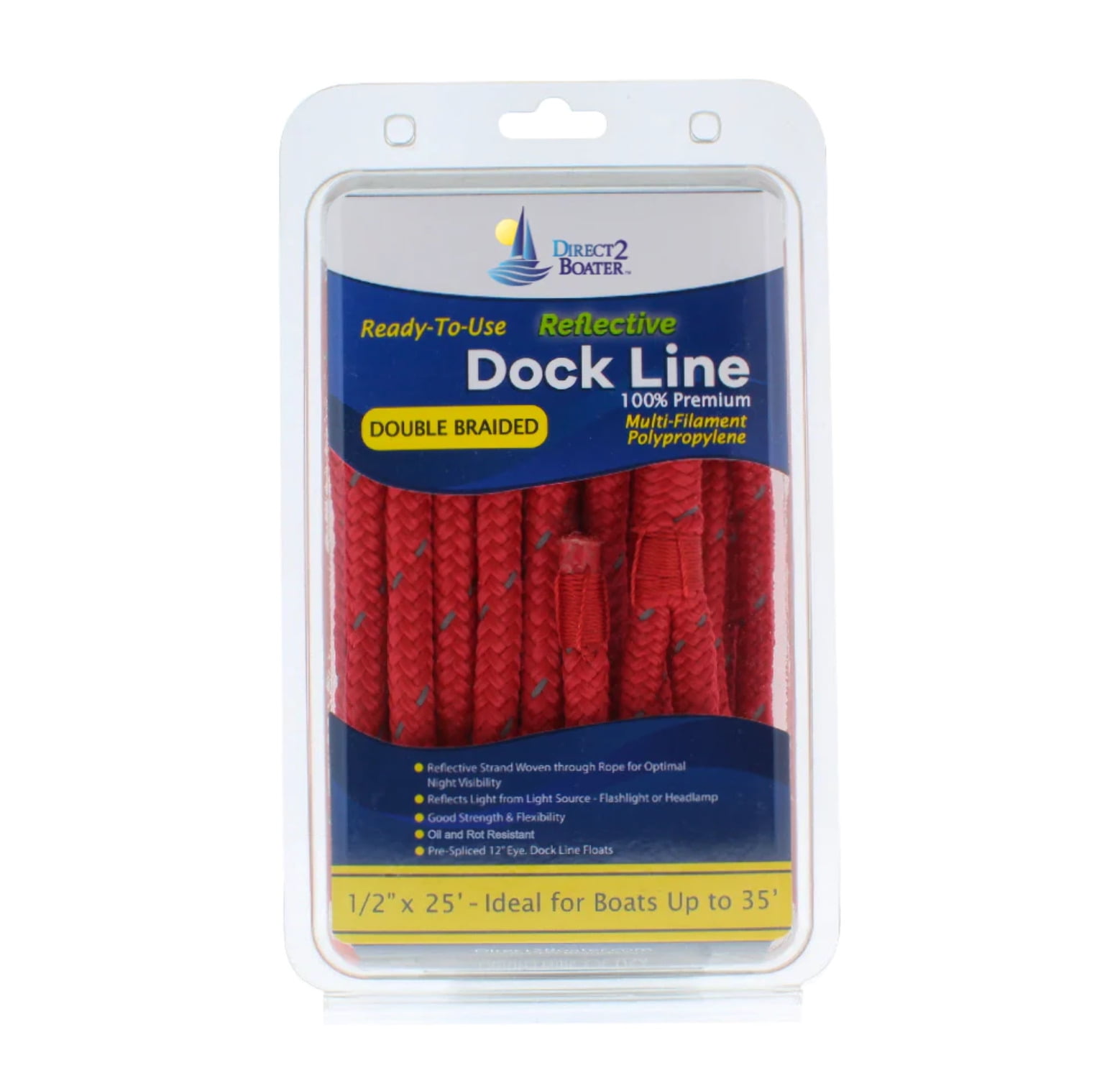 1/2" x 25' Red (2 Pack) REFLECTIVE Double Braided Poly Dock Line - For ...