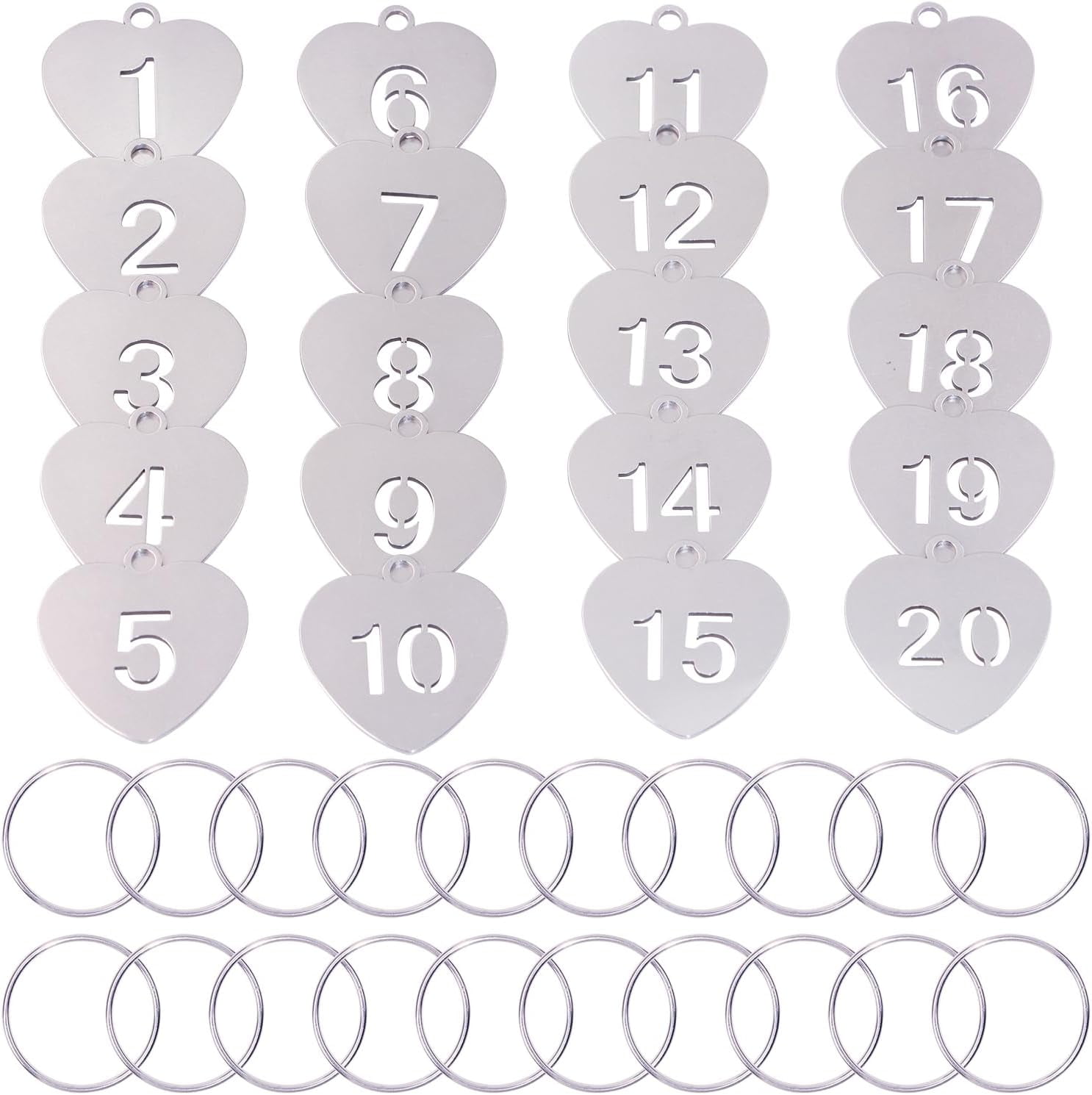 1-20 ID Number Tags Silver Stainless Steel Heart Pendant Number Marking ...