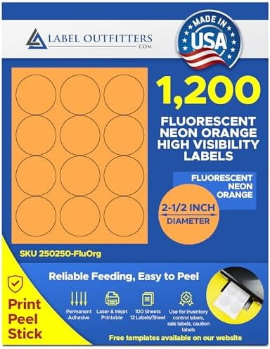 1,200Blank Printable Fluorescent Neon Orange High Visibility Round 2-1/ ...