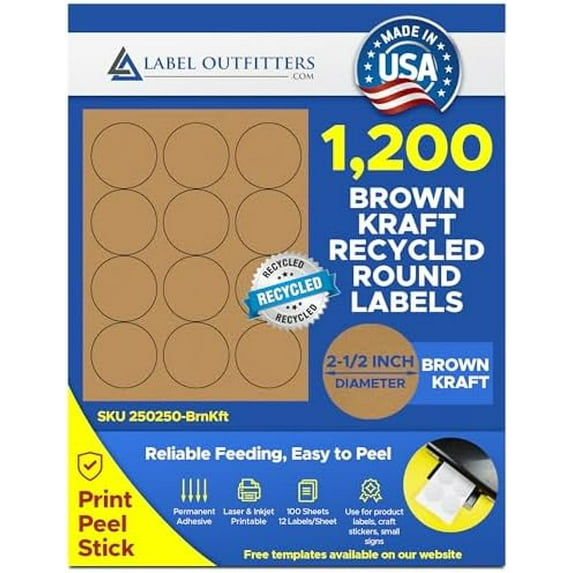 1,200Blank Printable Recycled Brown Kraft Round Laser Inkjet Labels 2-1 ...
