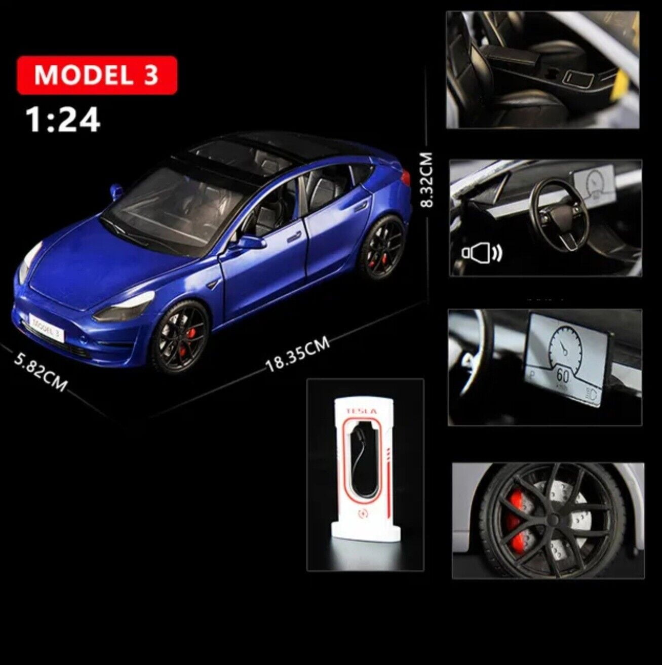 1:24 Tesla-Model3 Diecast Vehicle Model Car Toy W/ Sound Light Birthday ...
