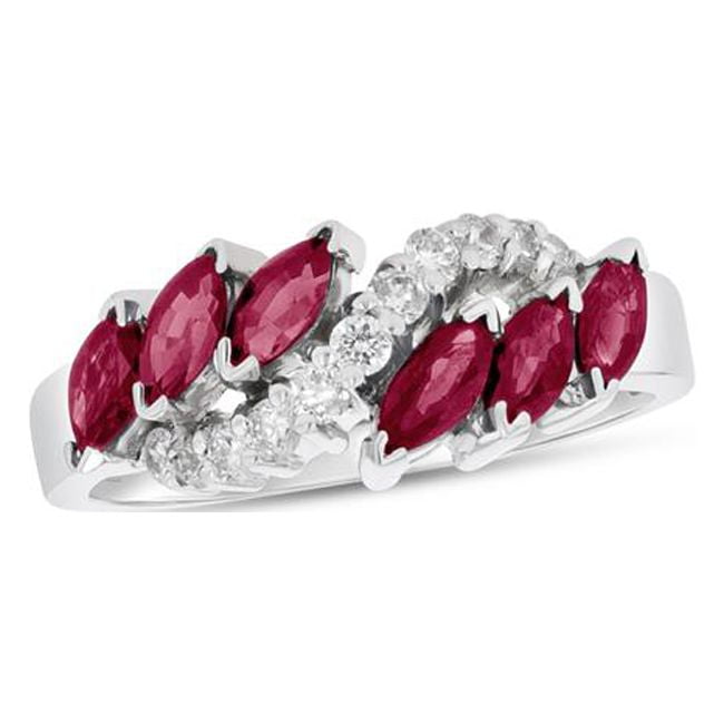 1.25 CTW Diamond & Marquis Shaped Rubies Slant Ring, 14K White Gold ...
