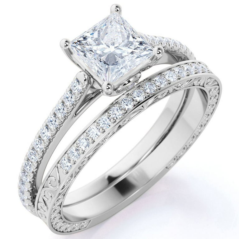 JeenMata Princess Cut Diamond Pave Band Simple Antique Engagement Ring Set 10K White Gold