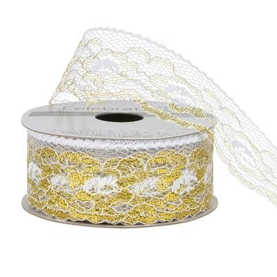 1.25" x 3 yd. Lace Trim Ribbon by Celebrate It – White & Gold - Non ...