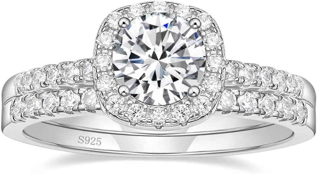 1.25CT 925 Sterling Silver Bridal Rings Sets Cubic Zirconia Halo CZ Engagements Wedding Bands ...