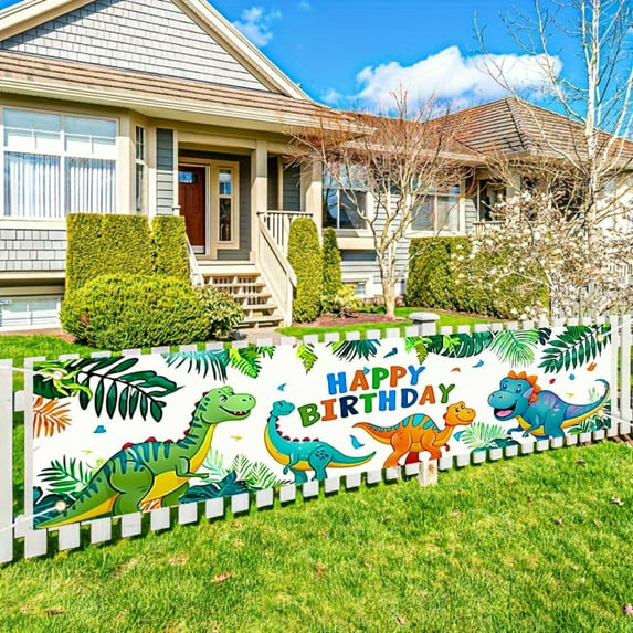 1 2D flat banner featuring cartoon dinosaurs, tropical plants and ...