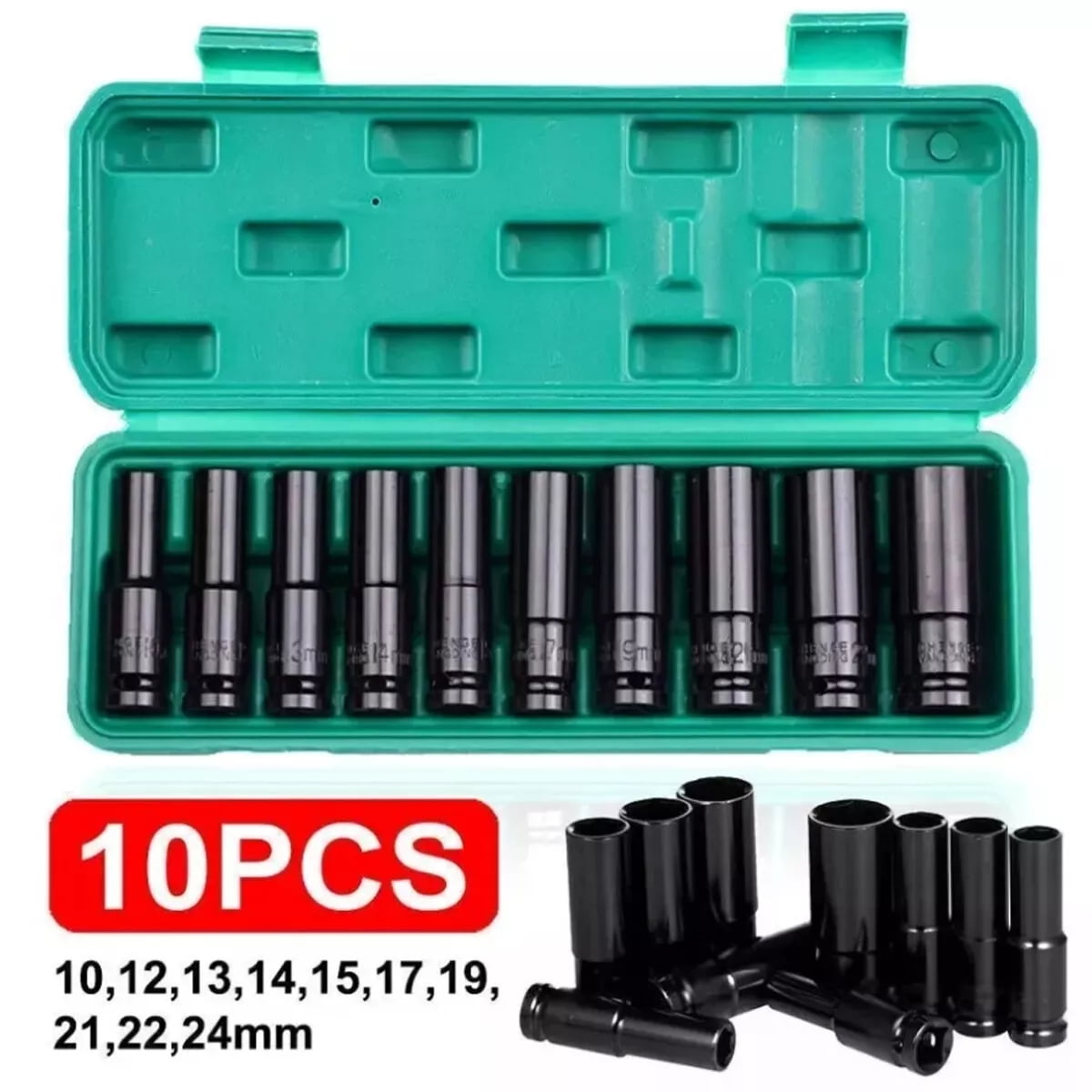 1/2Inch Drive 6-Point Impact Socket Set 10-Piece Metric Sizes 10-24mm ...