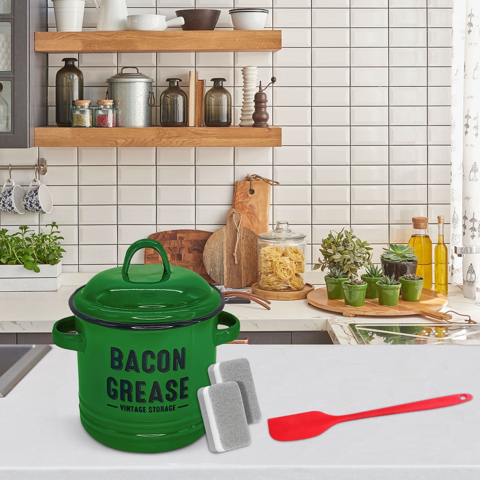 1.2L Non-Stick Enamel Bacon Grease Container Kit with Strainer, Hanger ...