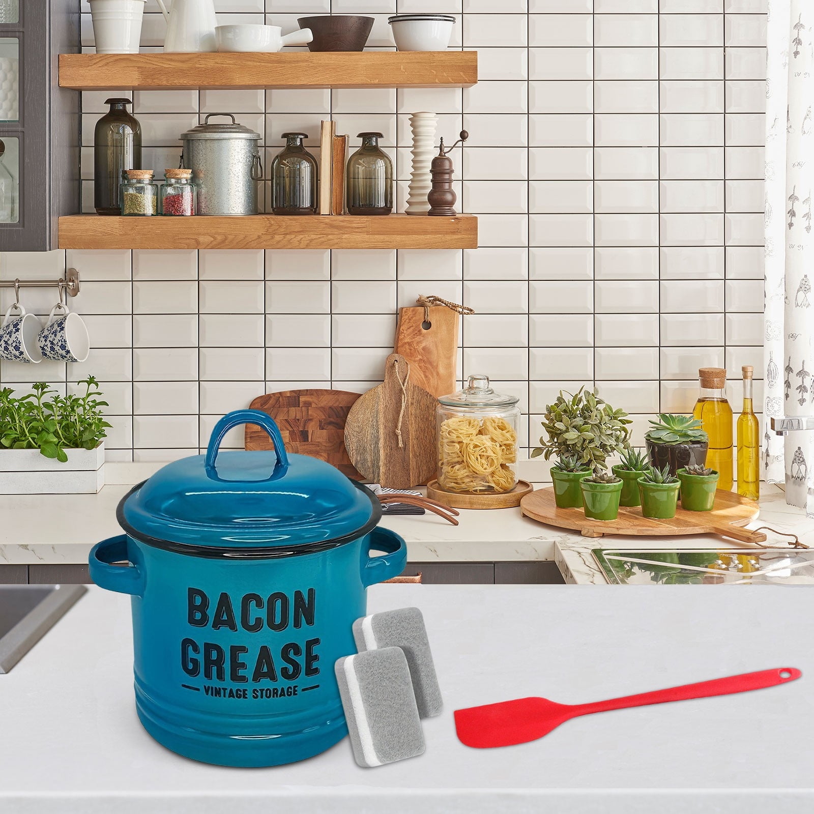 1.2L Non-Stick Enamel Bacon Grease Container Kit with Strainer, Hanger ...