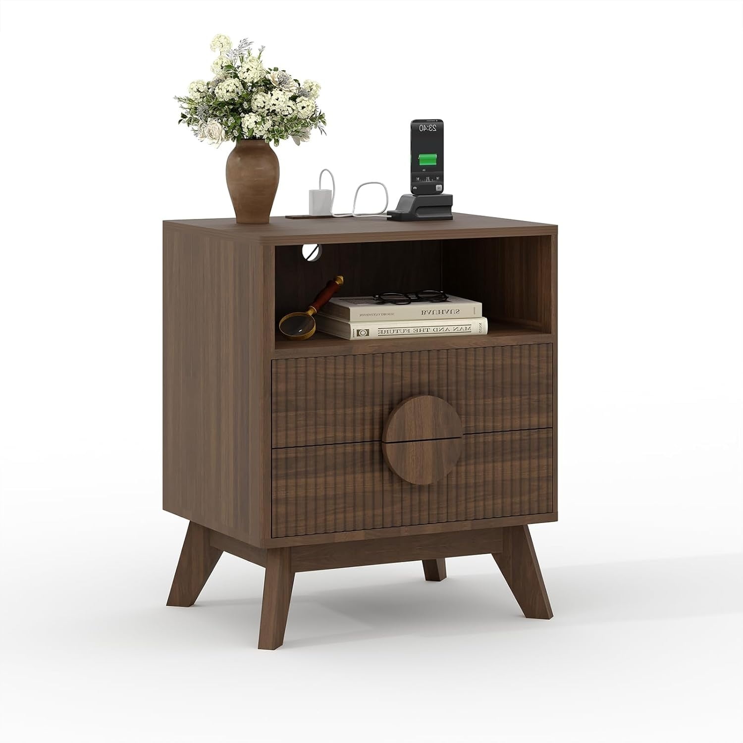 1/2PCS Fluted Night Stand with Charging Station - Wood Tall Nightstand ...