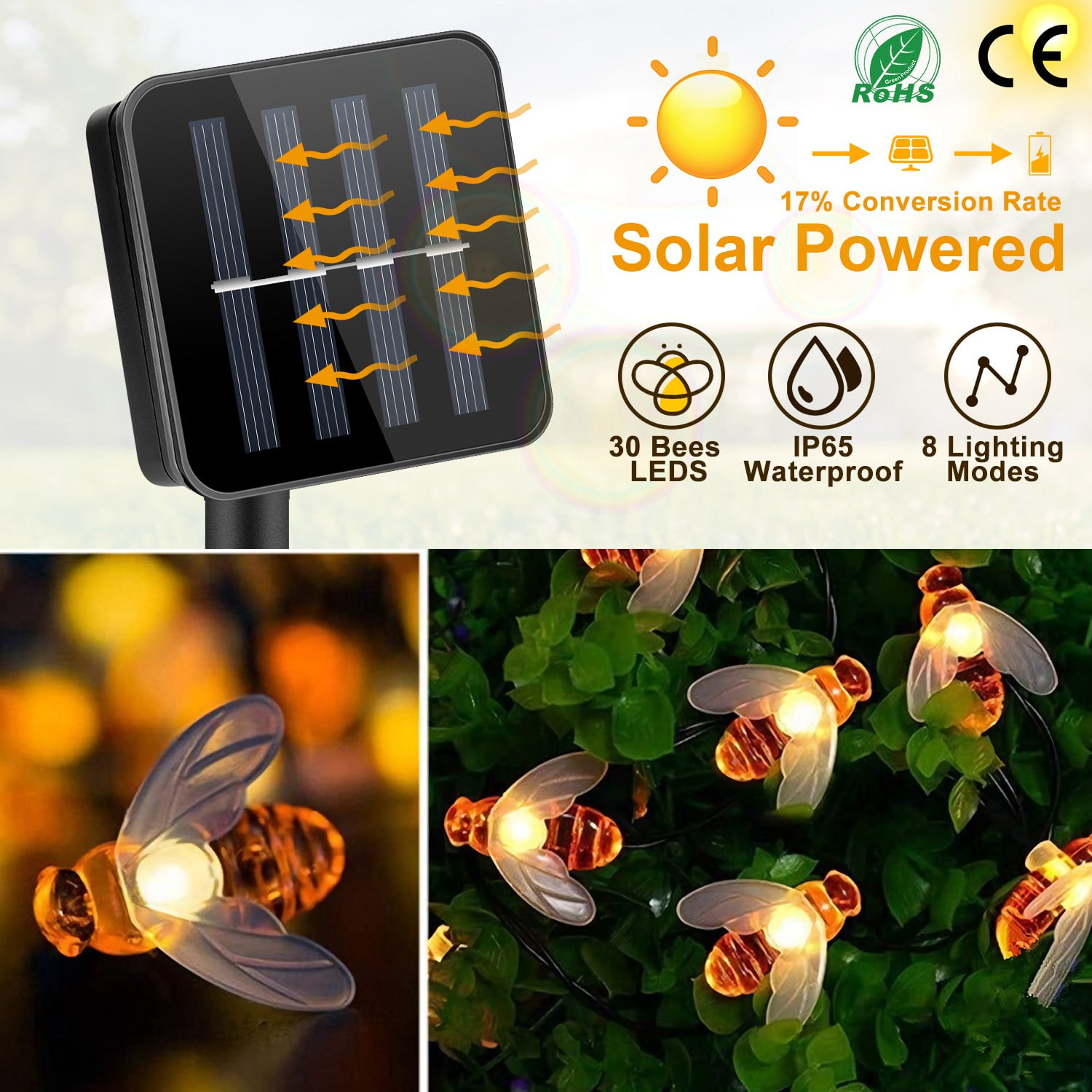 1/2PCS LED Bee Solar String Lights, 19.68FT 30 Led Solar Bee Fairy ...