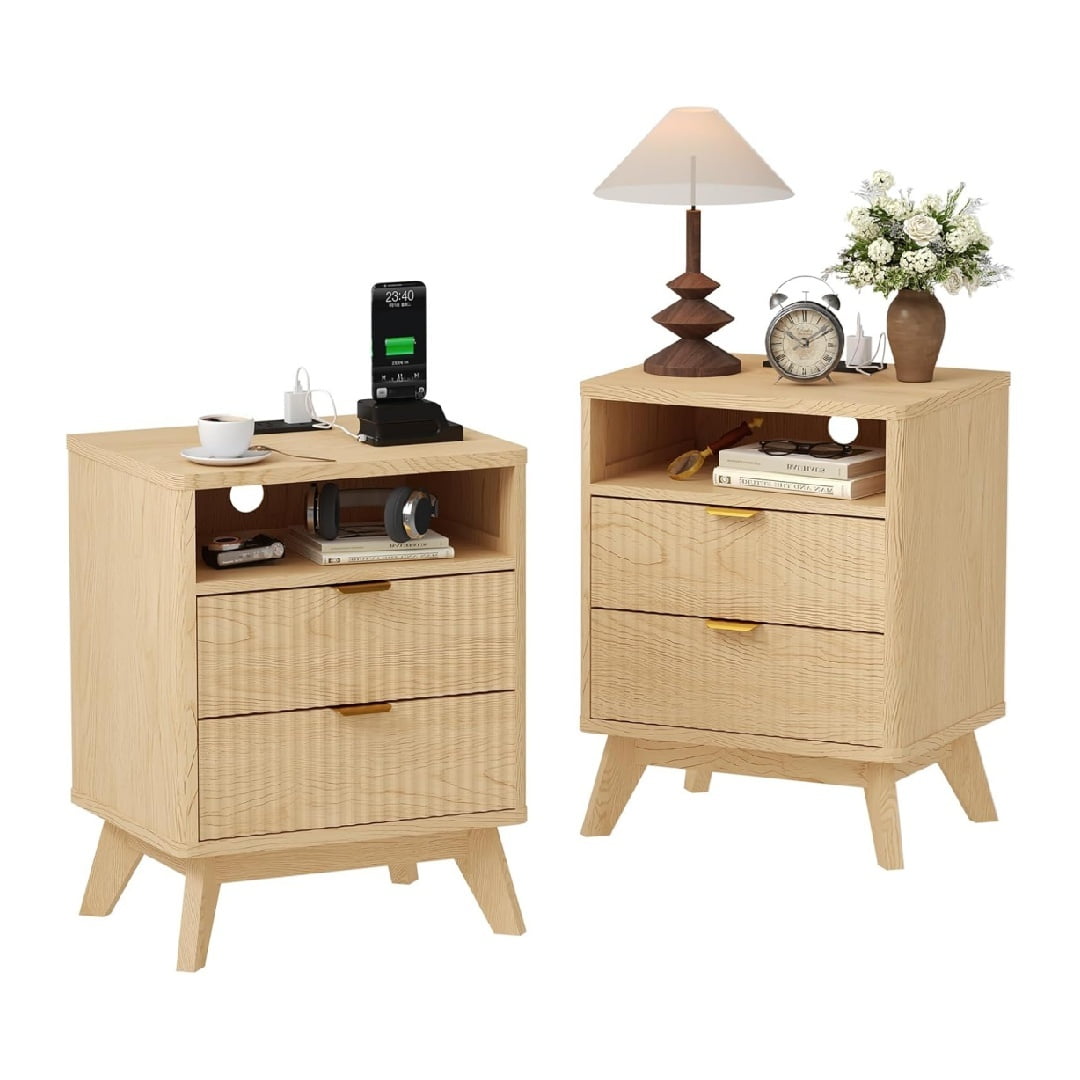 1/2PCS Modern Fluted Nightstand with USB Ports & Outlets - 2 Drawers ...