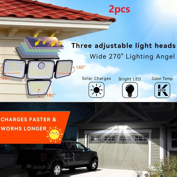 1/2PCS Solar Outdoor Lights, 4-Head Motion Sensor Security Light with ...