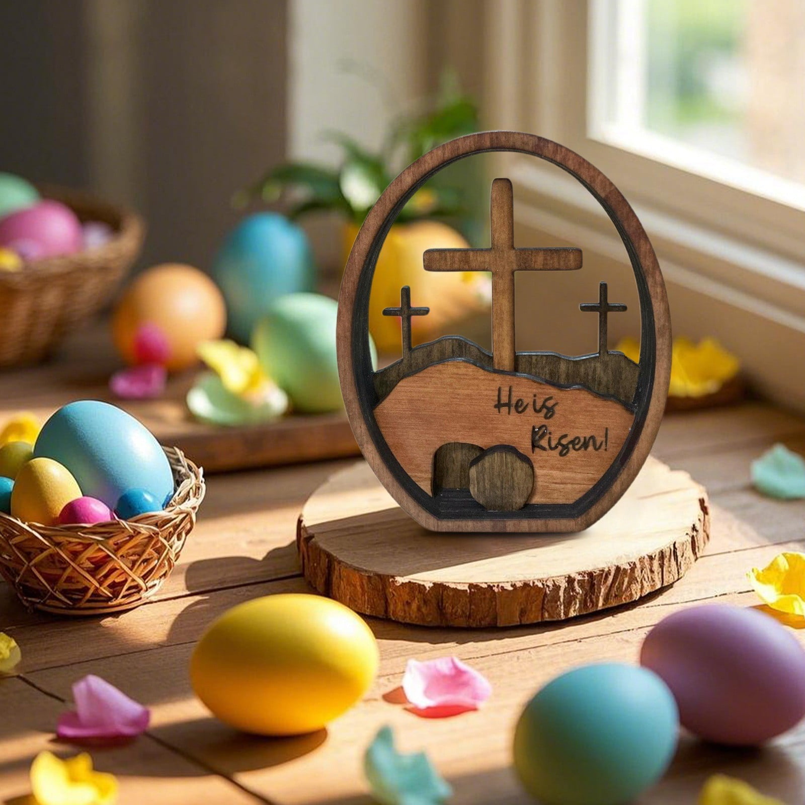 1/2Pack Easter Wooden Decoration, Empty Tomb Easter Wood Egg Standing Ornaments Easter ...