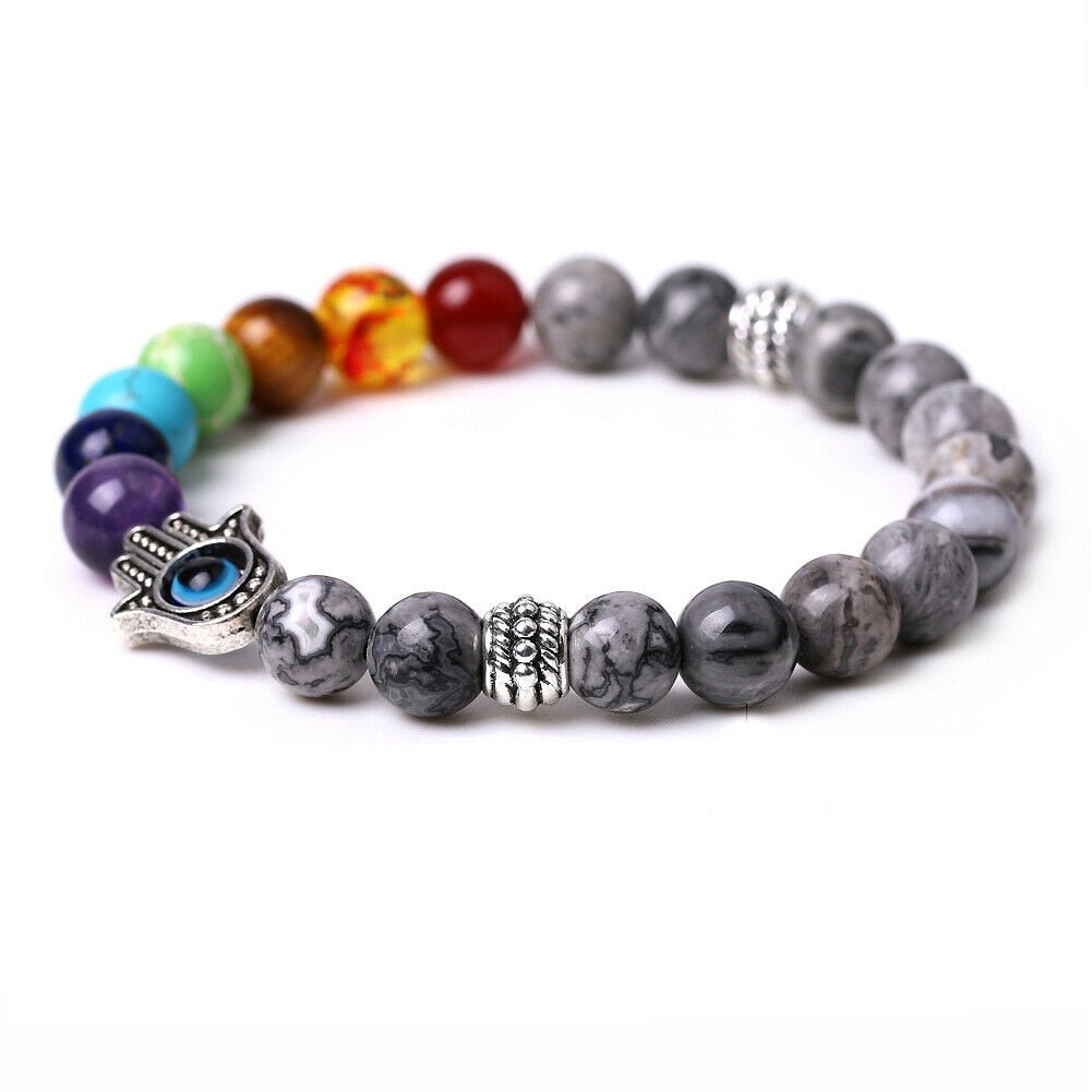 1-2Pcs Hamsa Hand Fatima 7-Chakra Lava Agate Beads Bracelet Reiki ...