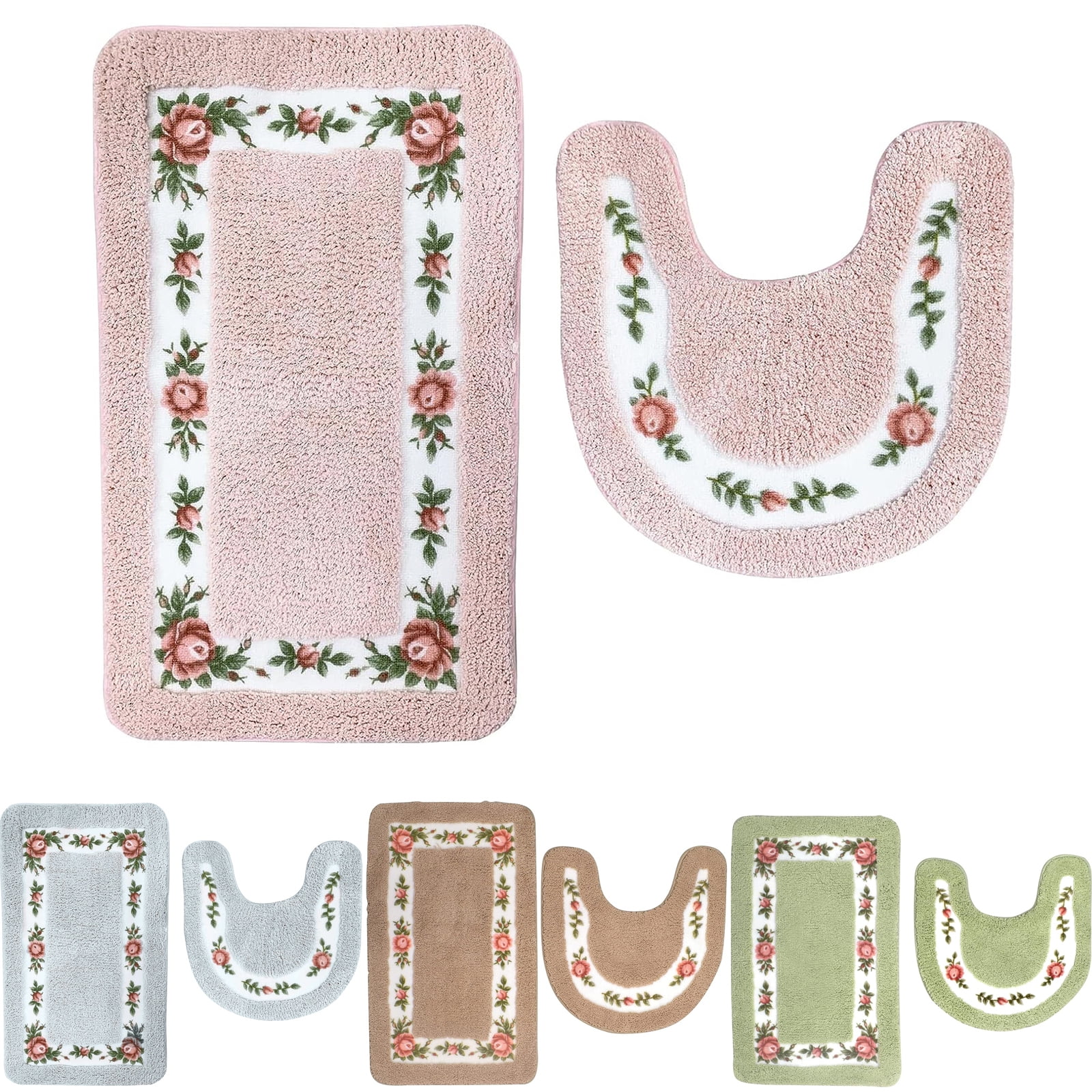 1/2pc Soft & Absorbent Floral Non-Slip Bathroom Runner Rug and U-Shaped ...