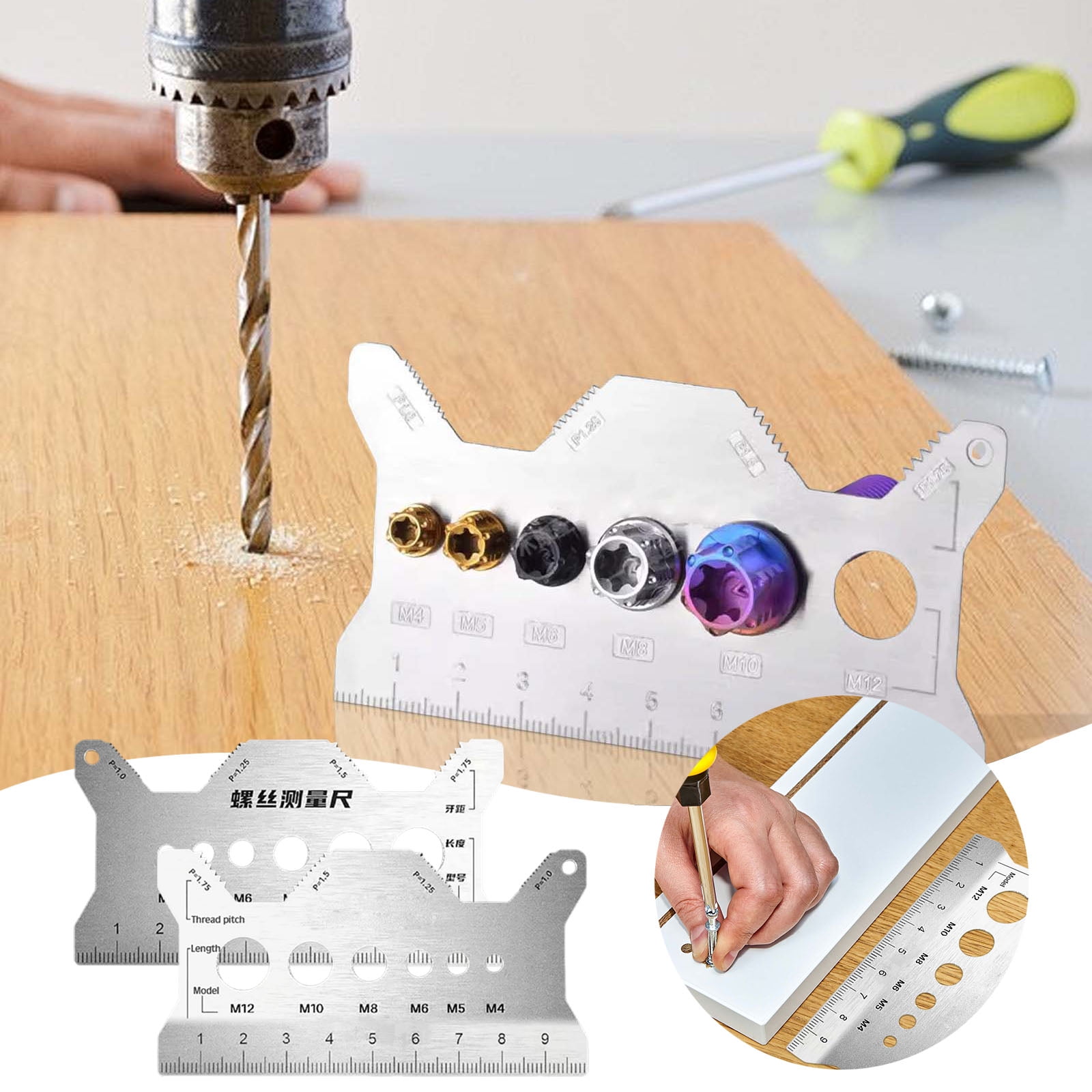 1/3/5PCS Double-Sided BoltMeasuring Tool,Portable Nut andBolt Sizing ...