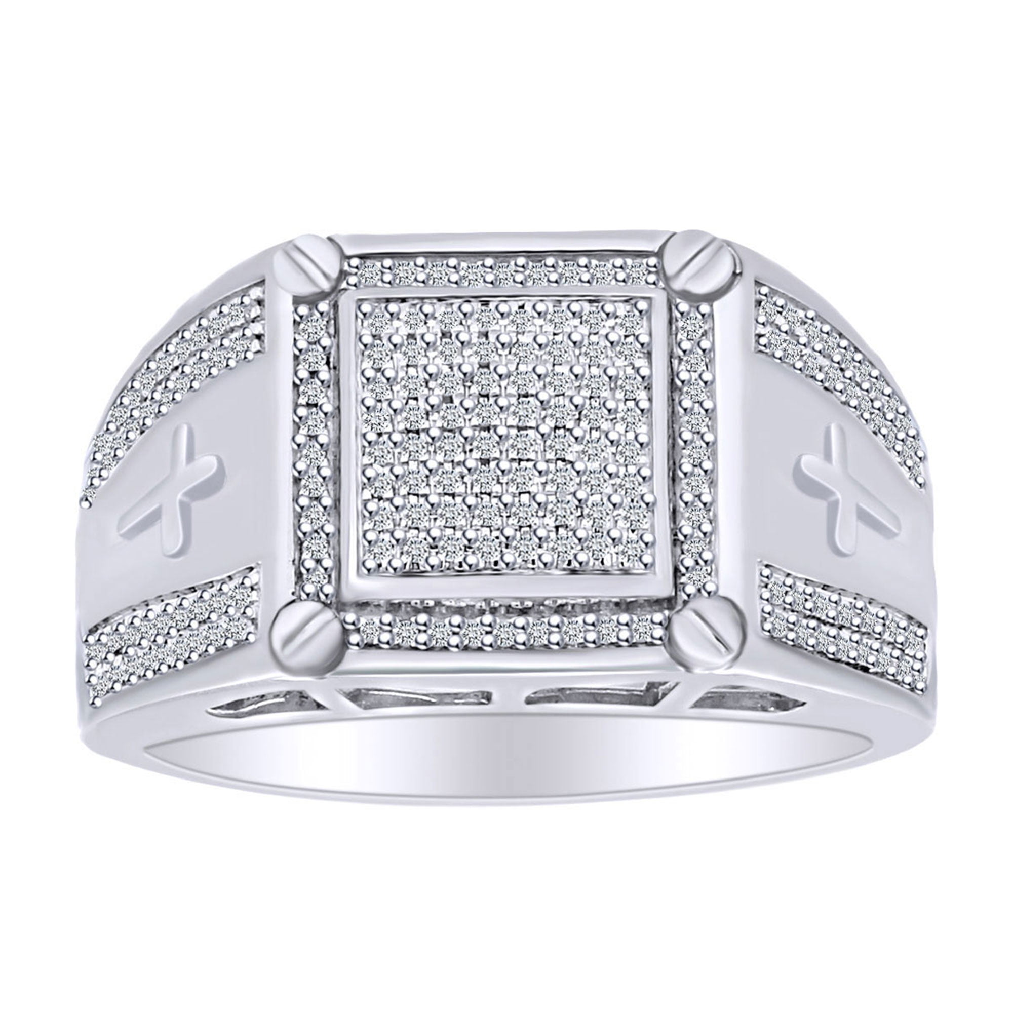 AFFY 1/3 Carat (Ctw) Round Shape White Natural Diamond Men's Cross Ring ...
