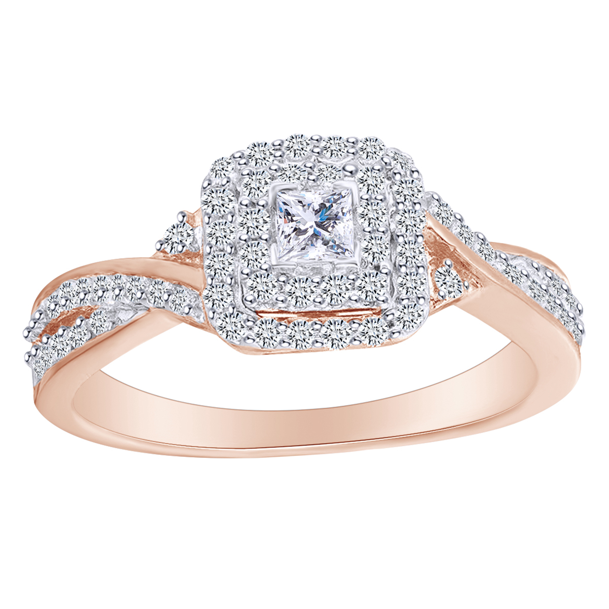 AFFY 1/3 Carat Princess & Round White Natural Diamond Double Frame ...
