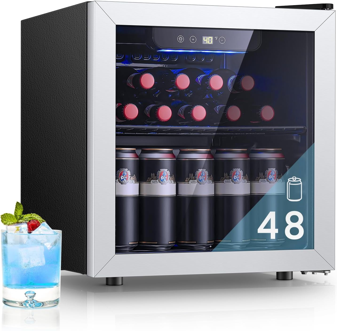1.3 Cu.ft Beverage Refrigerator Cooler, 50 Can Mini Fridge with Glass ...
