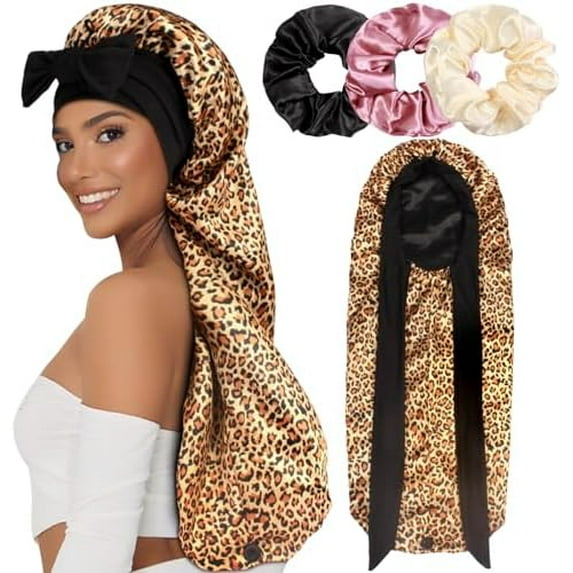 1+3 Long Satin Bonnets with Scrunchies for Women Sleeping, Double Layer ...