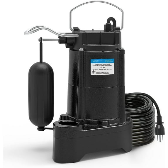1/3 Submersible Sewage/Effluent Pump,3680 GPH Cast Iron Sump Pump with ...