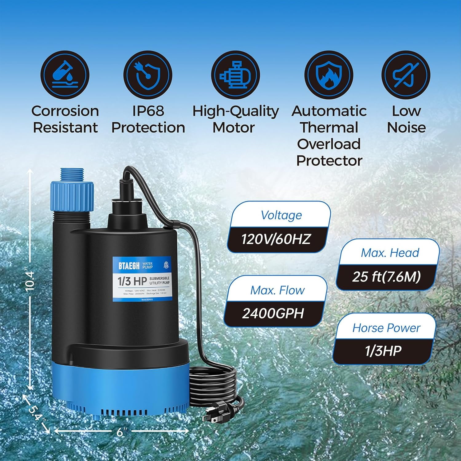 1/3 Submersible Water Pump 2400GPH Small Sump Pump Thermoplastic ...