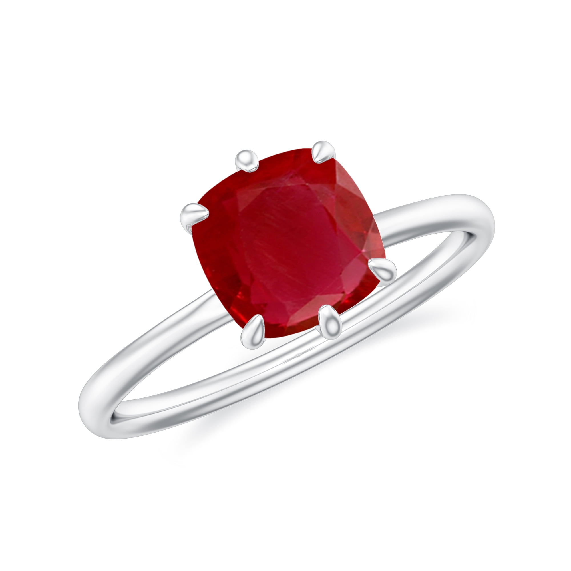 1.30 CT Cushion Shaped 6-Prong Set Solitaire Ruby Engagement Ring in Sterling Silver/ White Gold ...