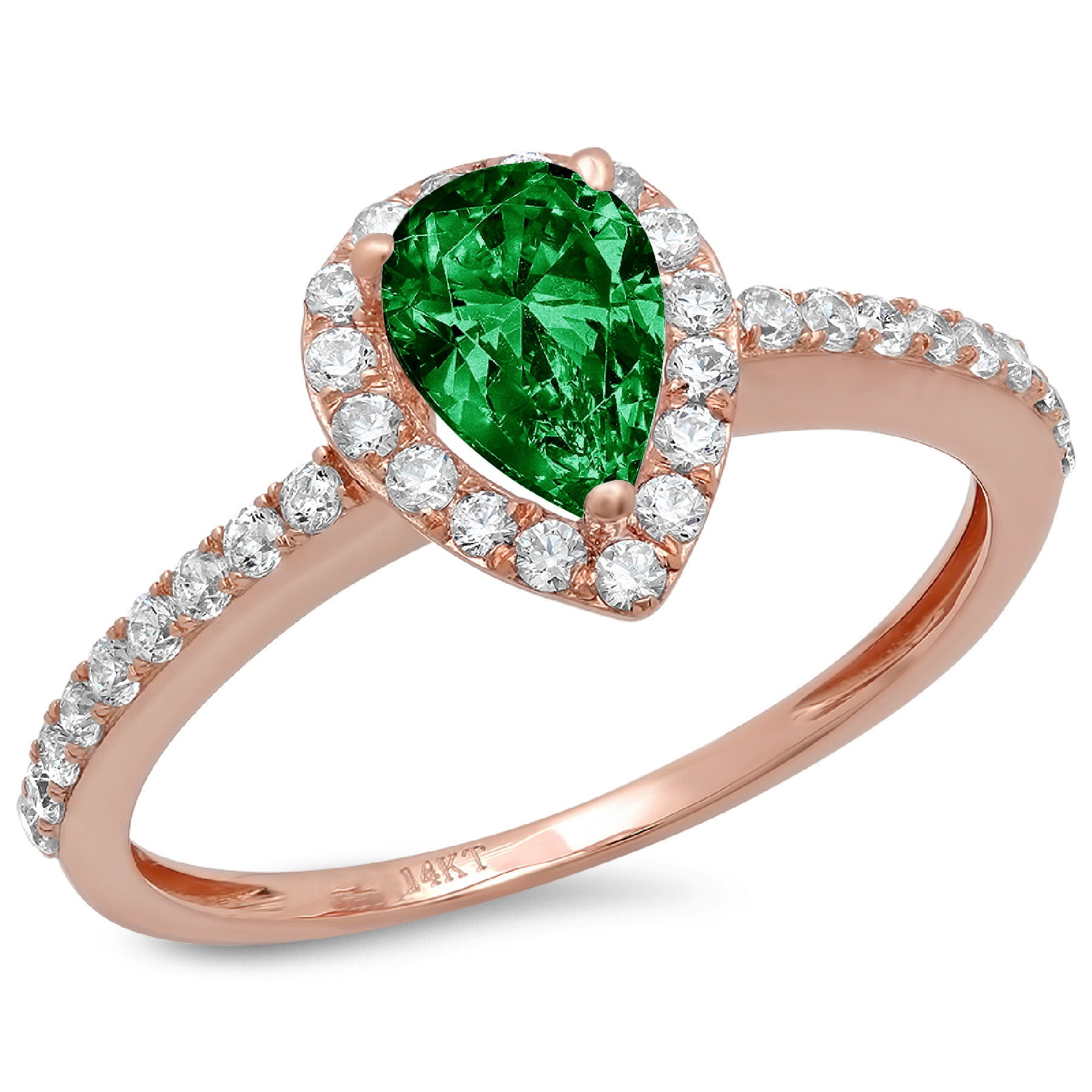 0.755 ct Pear Cut Simulated Emerald with Simulated Diamond Halo Accents 18K Rose Gold Womens ...