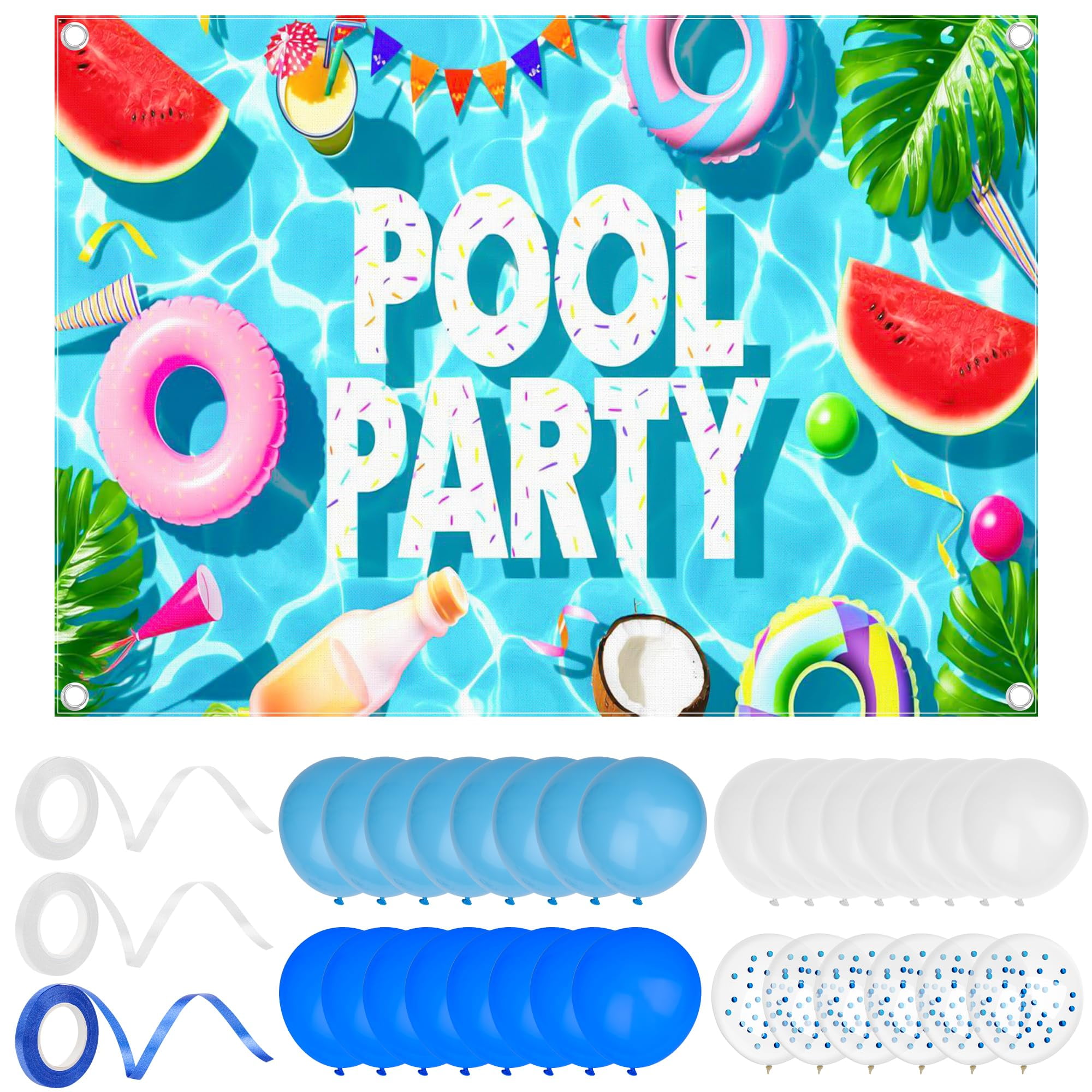 1+33Pcs 7Ft xUMRT 5Ft Large Swimming Pool Party Background Banner Kit ...