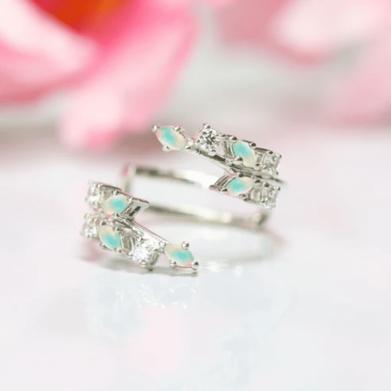 1.35 Ct Marquise & Round Cut Opal Diamond Ring Wrap Enhancer- Unique Leaf Floral Wedding Ring ...