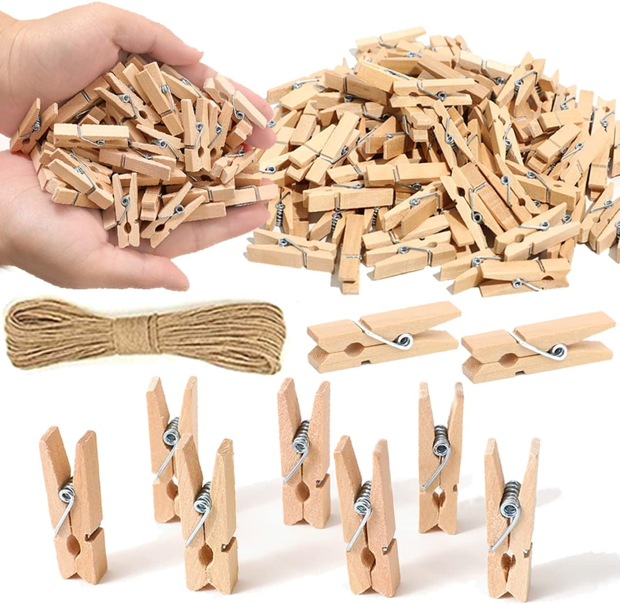 1.35 Inch Mini ClothesPins for Photo【100 Pcs】 with 32 Feet Jute Twine ...