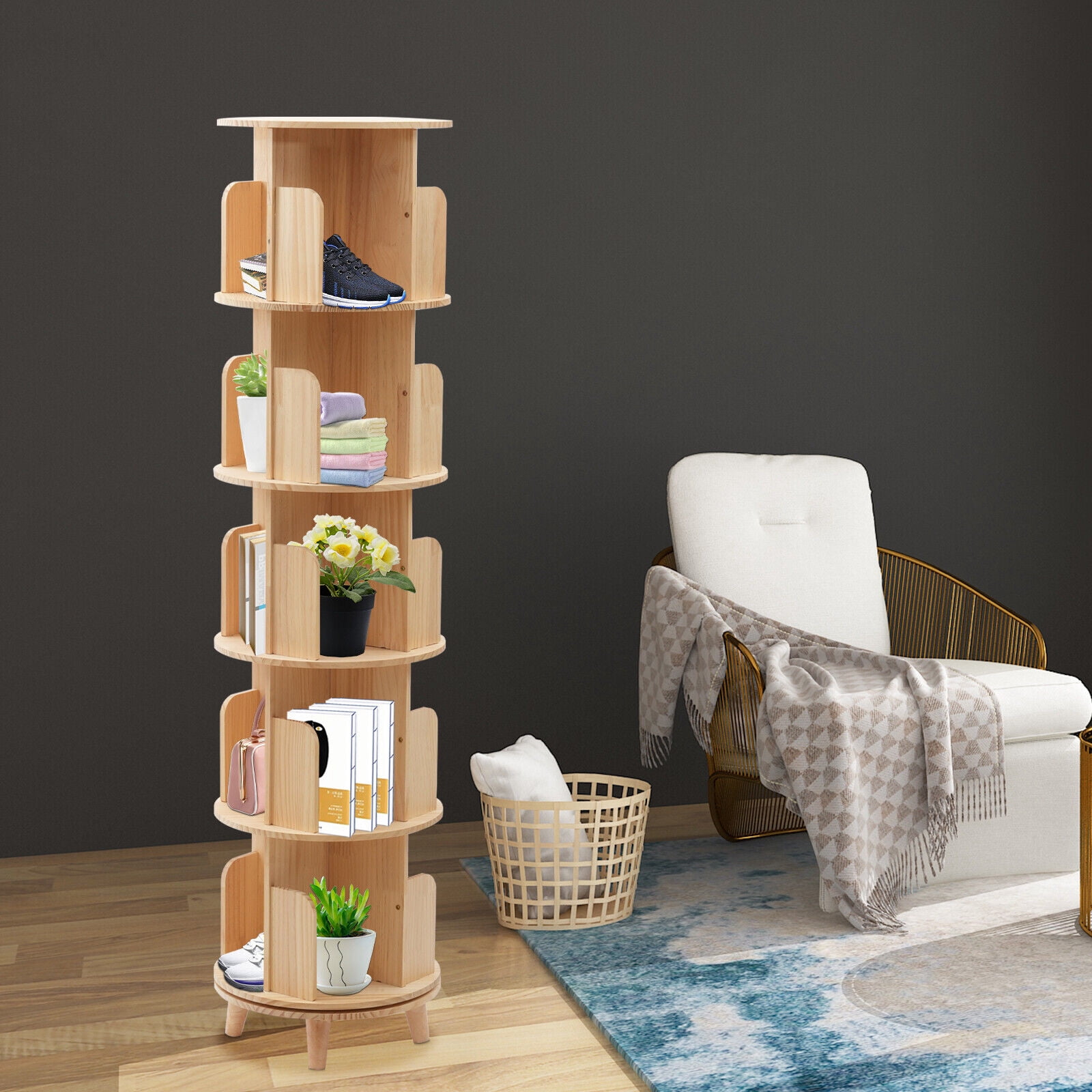 1*360° Rotating Bookshelf Wood Bookcase Storage Shelf Freestanding ...