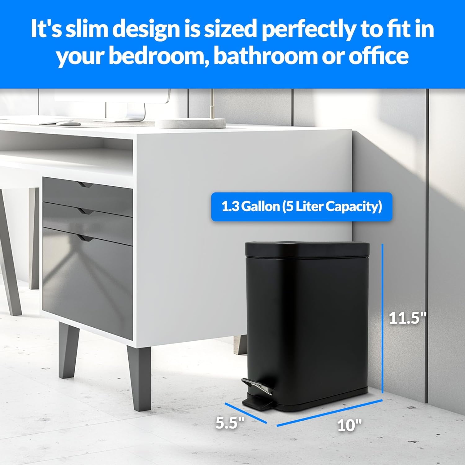 1.3Gal/5L Matte Black Stainless Steel Step Pedal Trash Can Removable ...