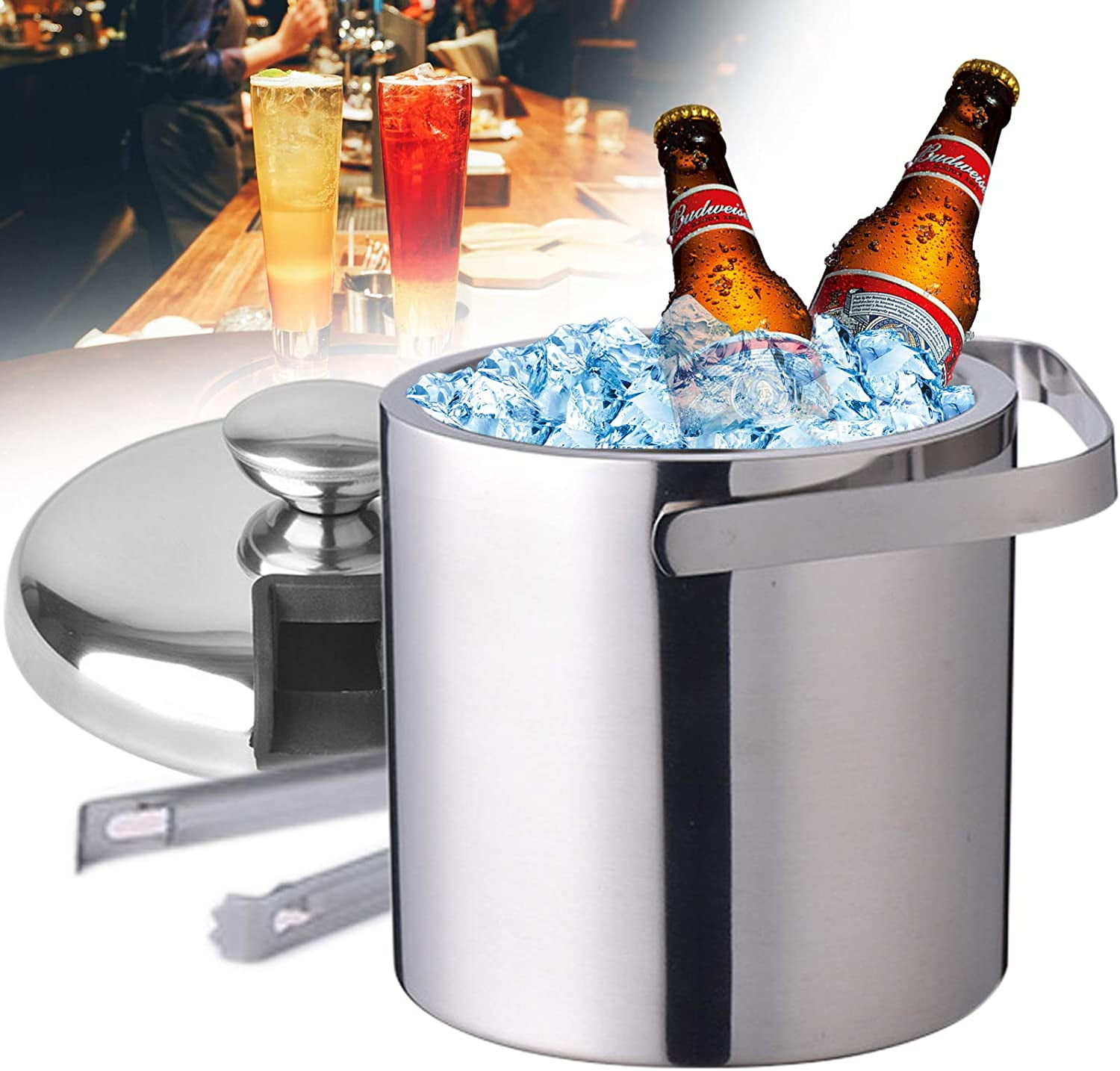1.3L Double-Wall Insulated Ice Bucket with Lid, Stainless Steel Wine ...