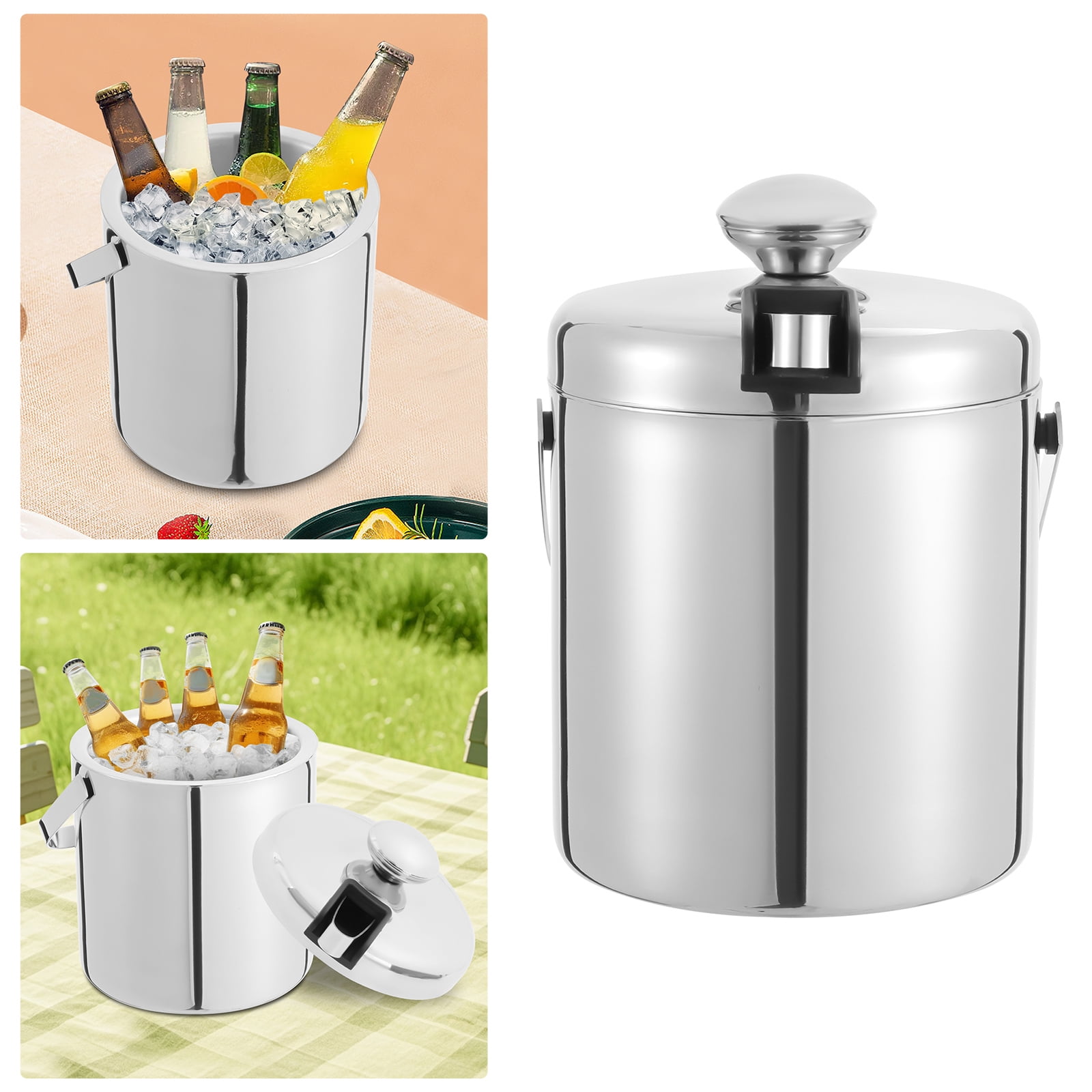 1.3L Double Walled Stainless Steel Insulated Ice Bucket with Lid, Ice ...