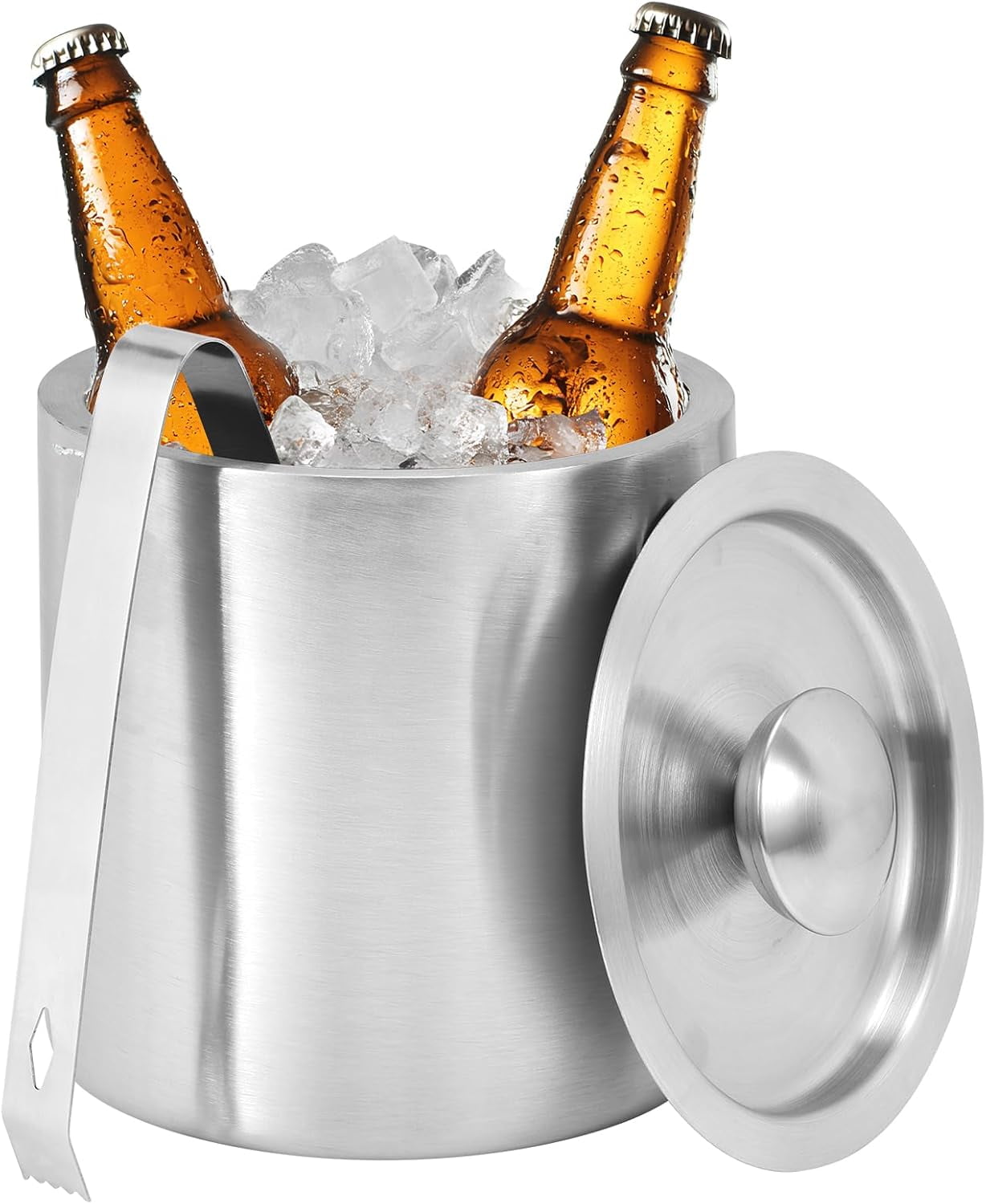 1.3L Stainless Steel Ice Bucket with Lid and Tongs, Small Double Wall ...