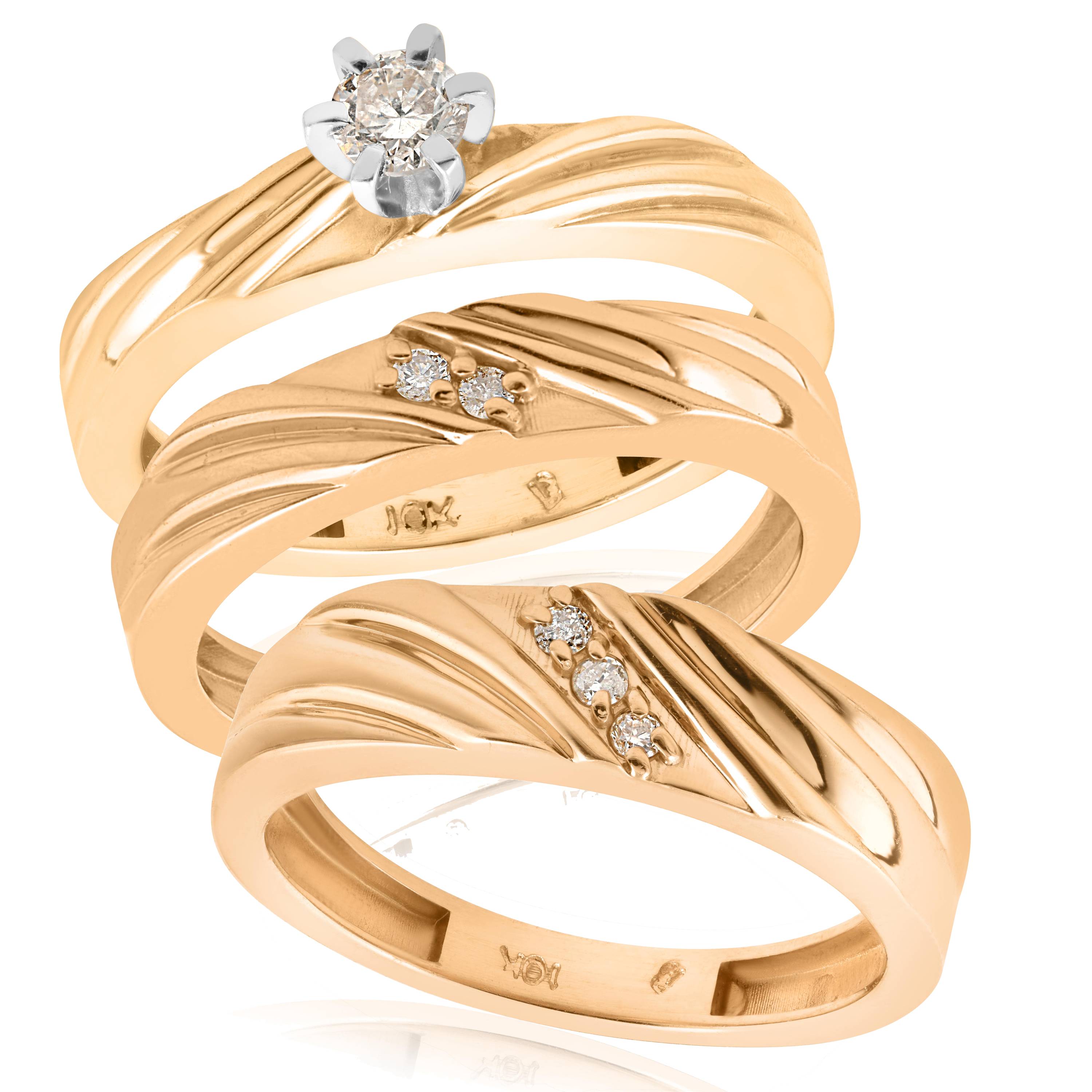 Diamond Trio Set 10k Yellow Gold Engagement Ring Matching Wedding Band ...